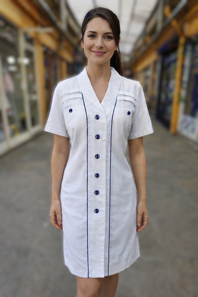 vestido Miriam blanco aplicación azul – UNIFORMES GLOBO